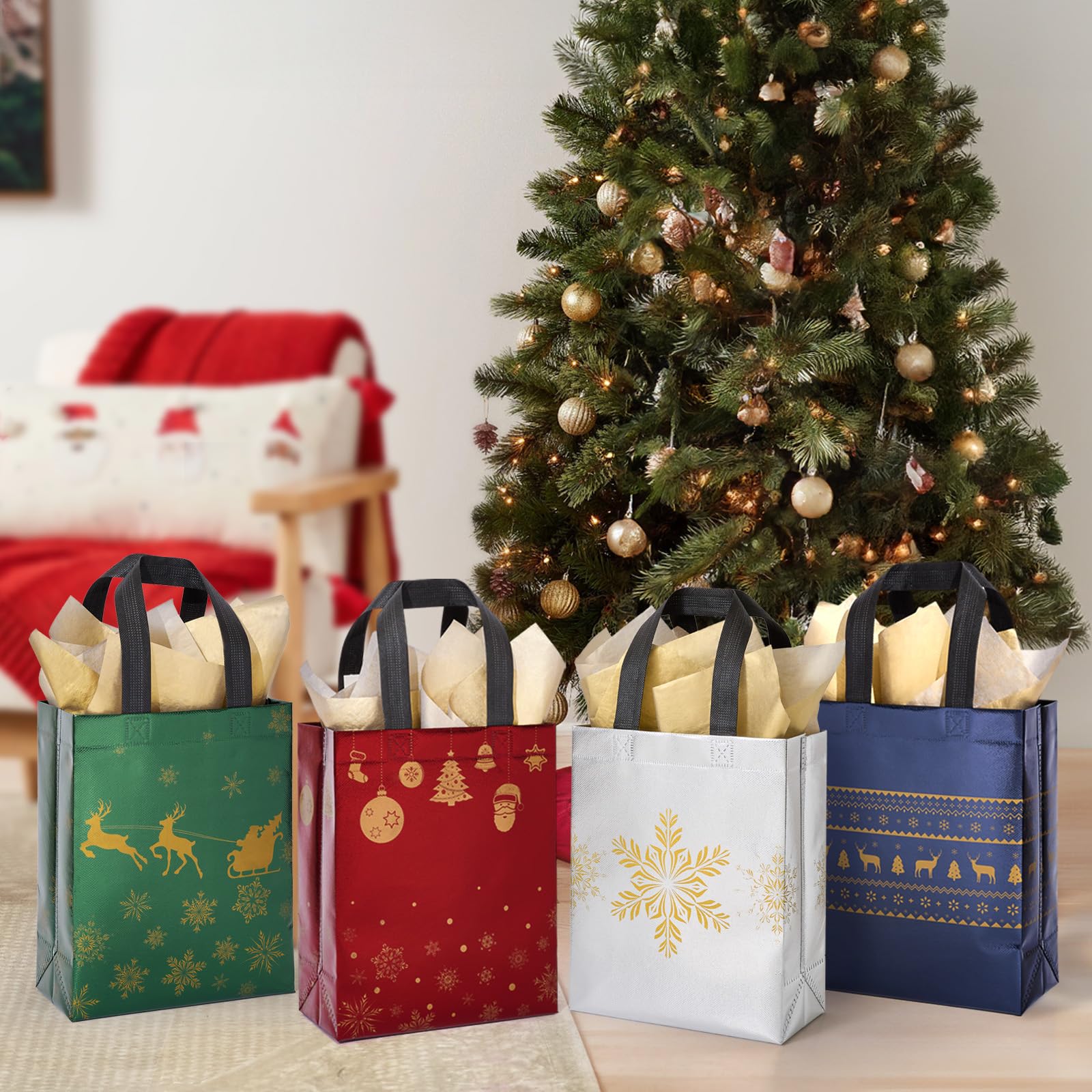 STYPOP 16 Pack 10" Christmas Gift Bags Medium Size with Tissue Paper, Reusable Christmas Tote Bags with Handles, Non-Woven Holiday Gift Bags for Christmas Gift Wrap, 10.2" * 8.3" * 4"