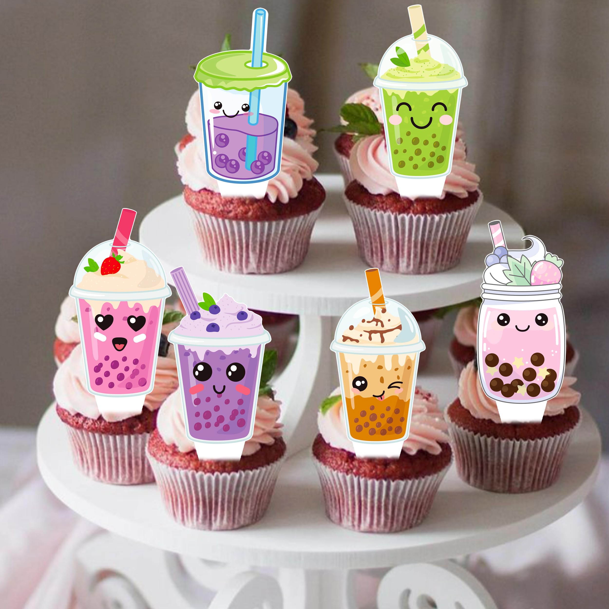 Bubble Tea Cupcake Toppers 48Pcs Boba Tea Themed Birthday Party Decorations Bubble Milk Tea Cake Cupcake Topper Decorations for Pearl Milk Tea Theme Birthday Baby Shower Party Supplies