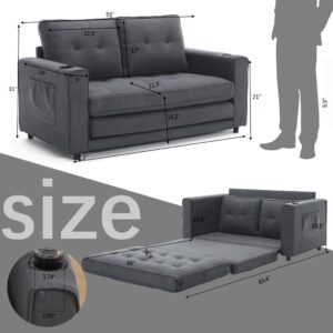 Upgraded Loveseat Sleeper Sofa, 55'' W Folding Couch Bed with 2 Pillows and Pockets & Cup Holder, Convertible Floor Gaming Couch Bed for Basement, Living Room, Bedroom, Entertainment Room (Dark Gray)