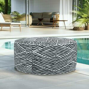 Codi Outdoor Pouf Ottoman, Inflatable Ottomans for Patio, Porch and Beach, Water Repellent Round Foot Rest with Handle, D21'' x H9'', Black and White