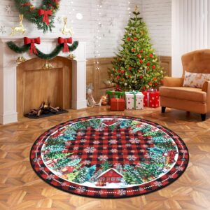 HEBE 4Ft Round Christmas Area Rug Non Slip Farmhouse Round Rug for Living Room Washable Soft Circle Rugs for Bedroom Christmas Round Floor Carpet for Dining Room Xmas Holiday Decor