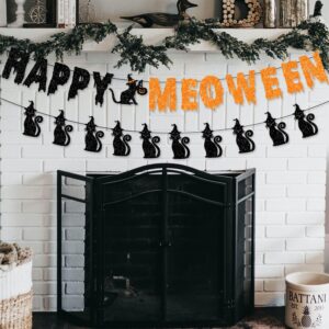 JKQ Black Orange Glittery Happy Meoween Banner with Spooky Black Cat Signs Halloween Witch Cats Banner Halloween Haunted House Party Fireplace Mantle Decorations Supplies