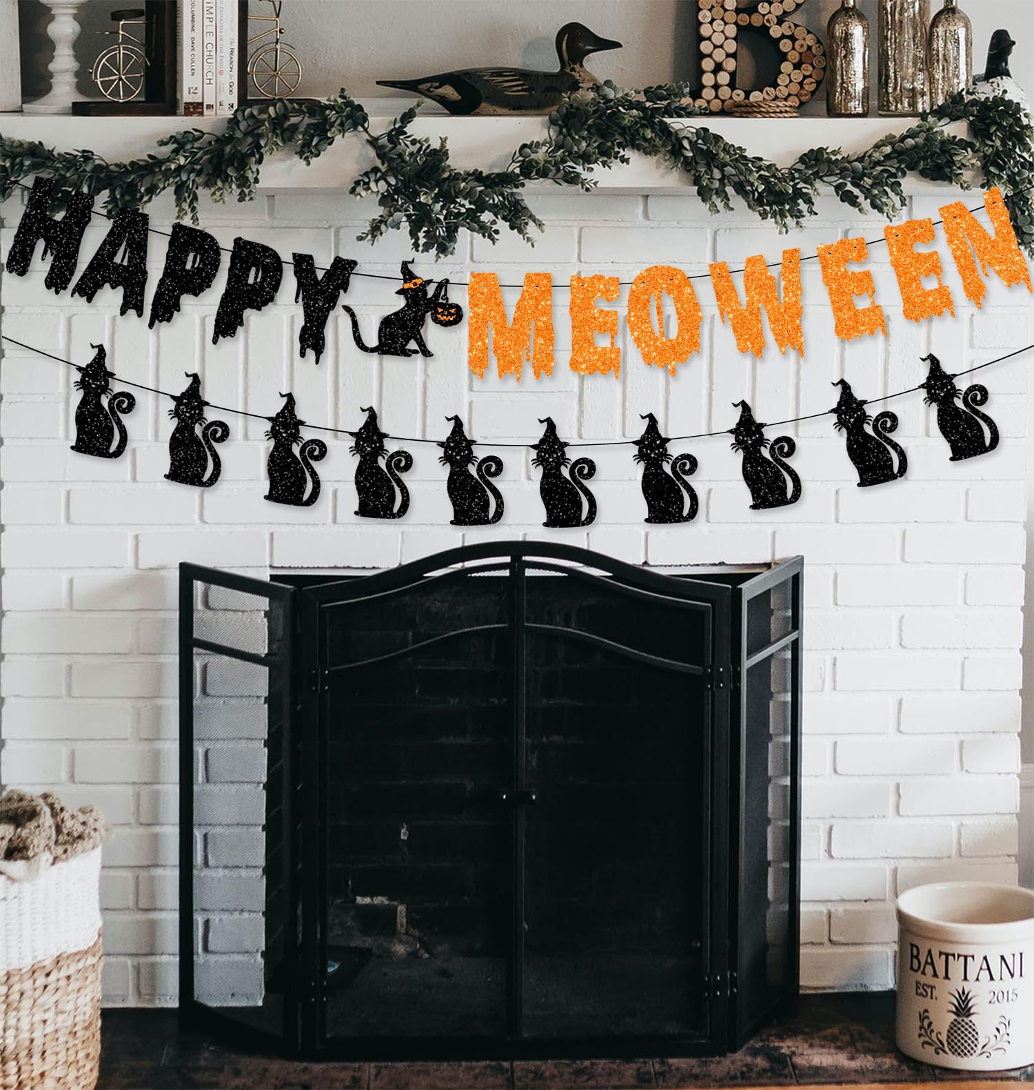 JKQ Black Orange Glittery Happy Meoween Banner with Spooky Black Cat Signs Halloween Witch Cats Banner Halloween Haunted House Party Fireplace Mantle Decorations Supplies