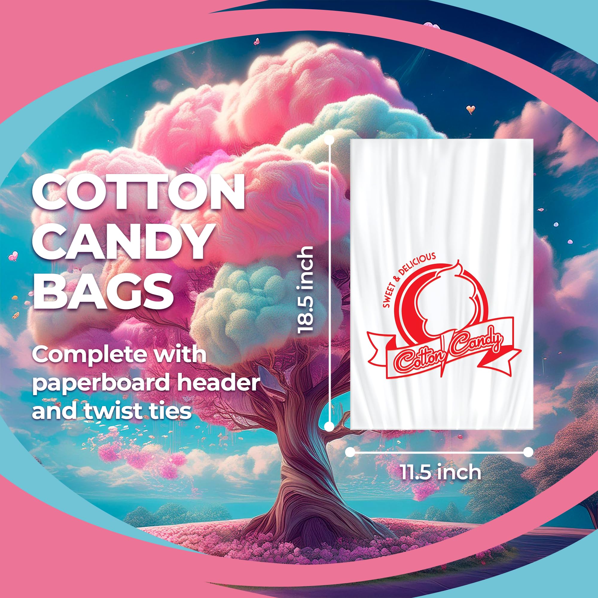 100 Cotton Candy Bags with Ties – 18.5" X 11.5" Thick Printed Bulk Cotton Candy Machine Supplies | Large Candy Bag Holder | Concession Stand Carnival Candy Bags