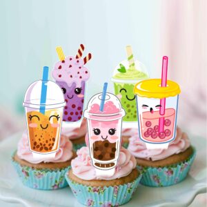 Bubble Tea Cupcake Toppers 48Pcs Boba Tea Themed Birthday Party Decorations Bubble Milk Tea Cake Cupcake Topper Decorations for Pearl Milk Tea Theme Birthday Baby Shower Party Supplies