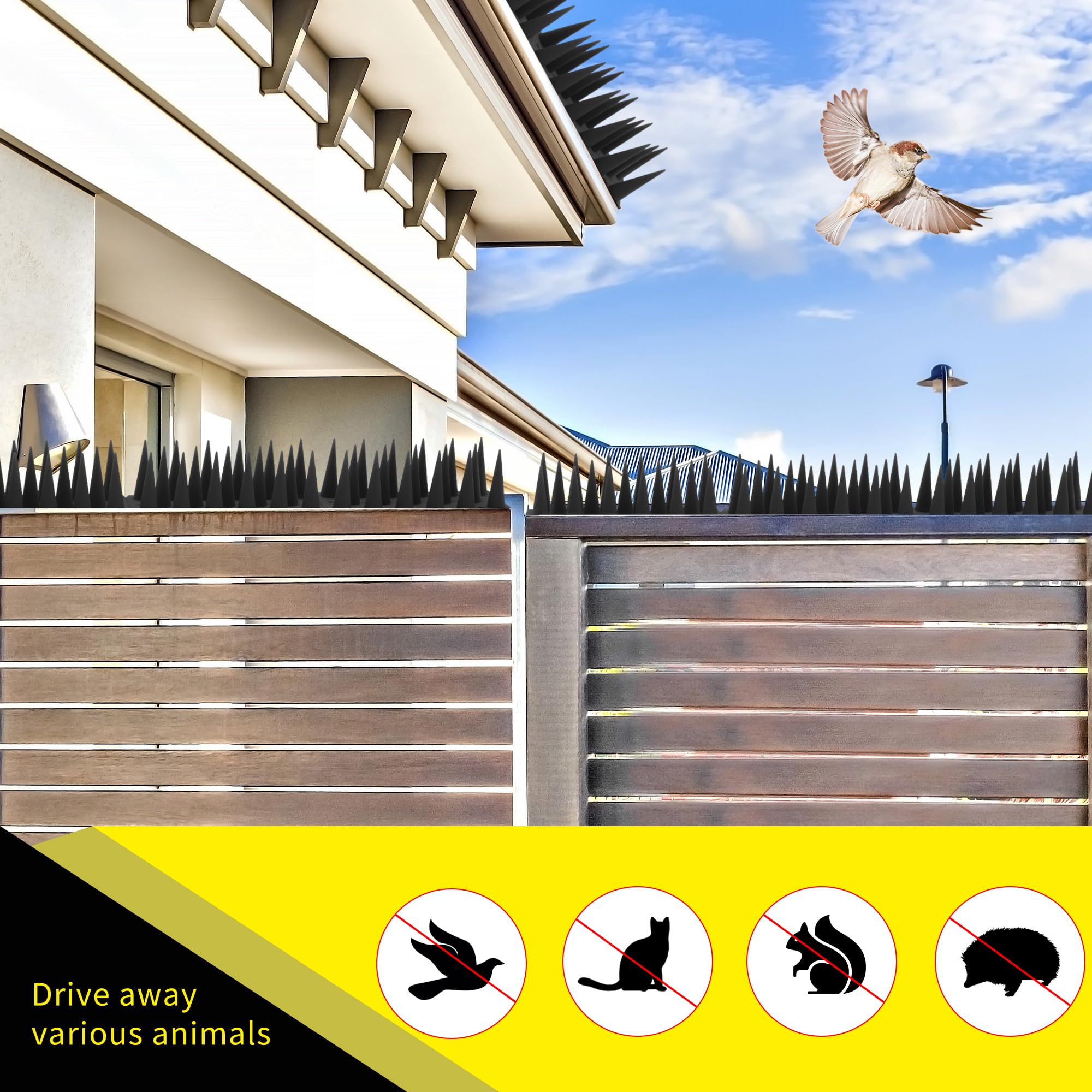 KOKMEYA Bird Spikes, 13.2FT Outdoor Bird Deterrent Spikes Device for Birds Pigeon Woodpecker Squirrel Raccoon Cat, Plastic Bird Deterrent for Outside, Patio, Roof, Sill, Fascia (Black, 12Pcs)