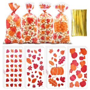 160 pieces 4 styles fall harvest cellophane treat candy bags with twist ties - pumpkin and leaf designs clear goodie bags for kids, thanksgiving day party favors, and autumn snack decorations