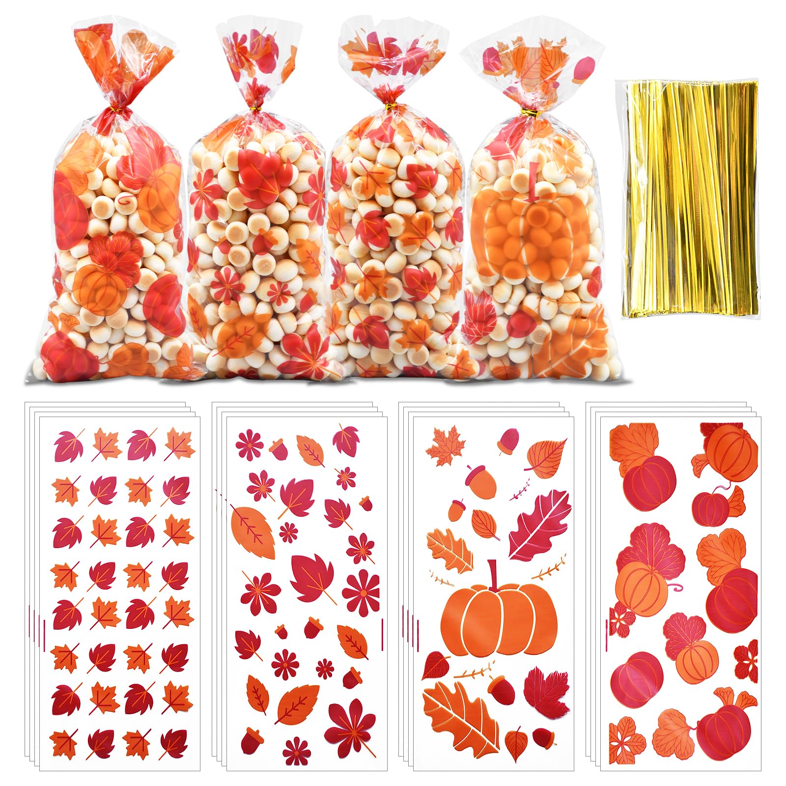 160 Pieces 4 Styles Fall Harvest Cellophane Treat Candy Bags with Twist Ties - Pumpkin and Leaf Designs Clear Goodie Bags for Kids, Thanksgiving Day Party Favors, and Autumn Snack Decorations