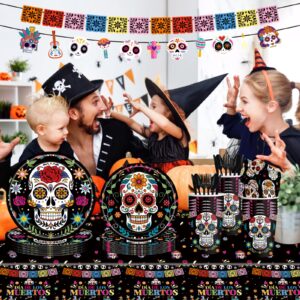 130 PCS Skull Party Supplies with Skeleton Paper Plates,Cake PlatesNapkins, Cups and Cutlery for Skull Birthday Party Decorations, Disposable Dinnerware Set (Serves 10)