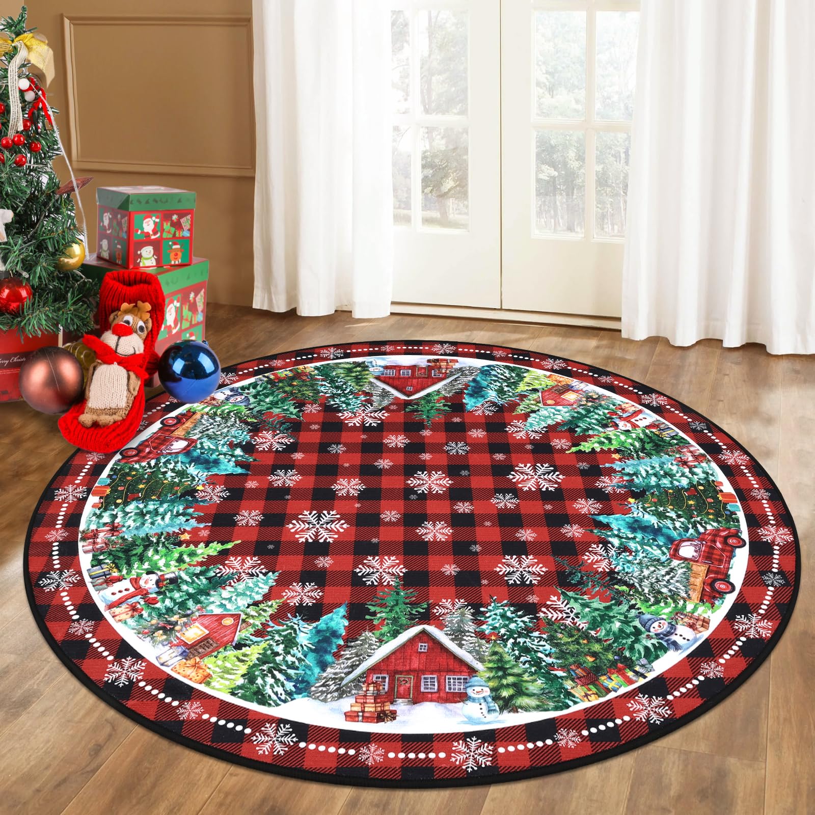 HEBE 4Ft Round Christmas Area Rug Non Slip Farmhouse Round Rug for Living Room Washable Soft Circle Rugs for Bedroom Christmas Round Floor Carpet for Dining Room Xmas Holiday Decor