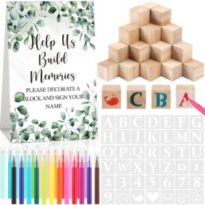 147 Pcs Baby Shower Blocks to Decorate Games Kit Includes Decorate a Block Game Sign 80 DIY Blank Wooden Block 42 Stencils 24 Marker Baby Shower Prize for Decoration Gender Reveal Baby Shower Games