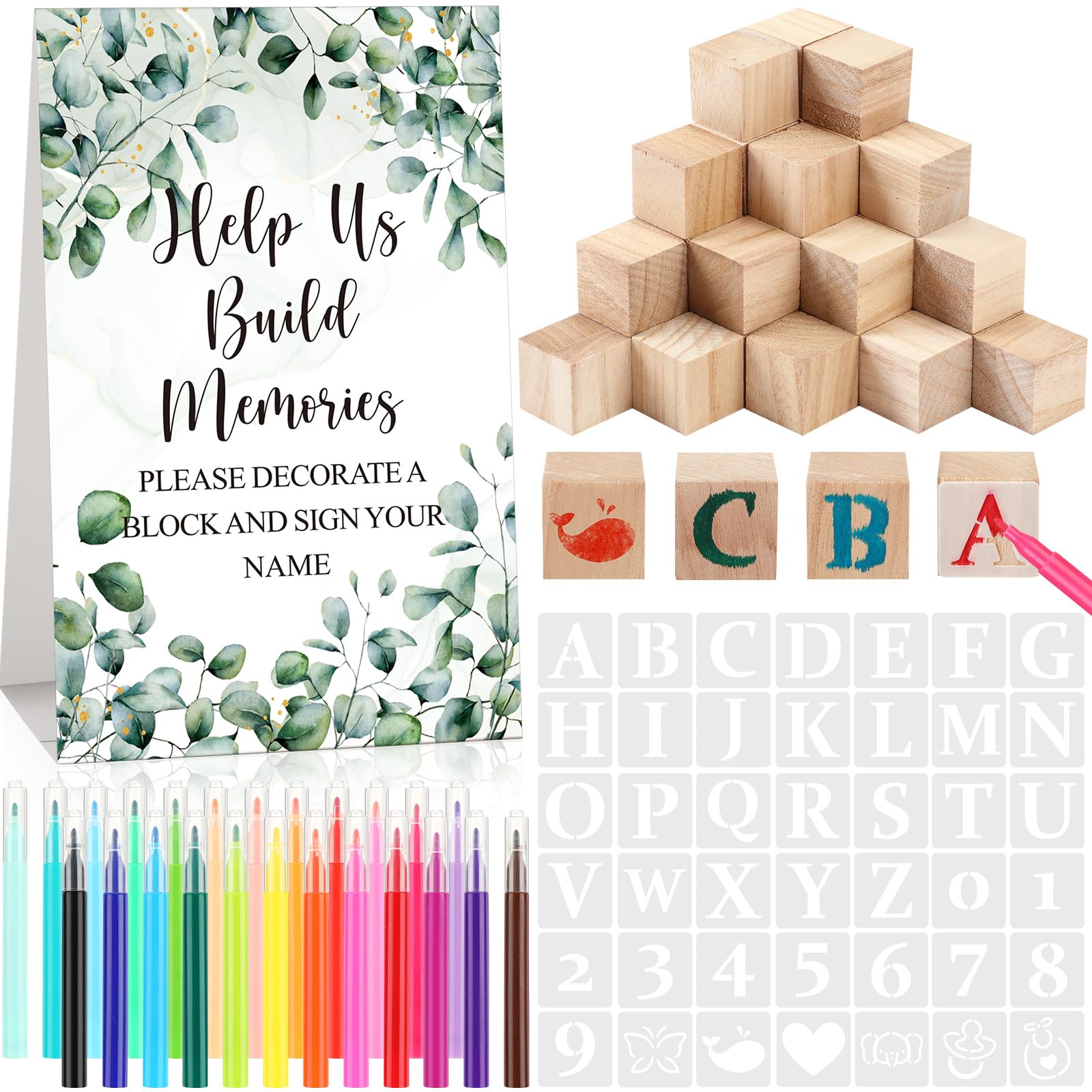 147 Pcs Baby Shower Blocks to Decorate Games Kit Includes Decorate a Block Game Sign 80 DIY Blank Wooden Block 42 Stencils 24 Marker Baby Shower Prize for Decoration Gender Reveal Baby Shower Games