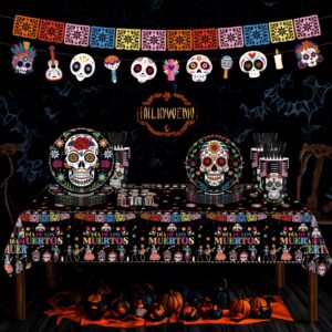 130 PCS Skull Party Supplies with Skeleton Paper Plates,Cake PlatesNapkins, Cups and Cutlery for Skull Birthday Party Decorations, Disposable Dinnerware Set (Serves 10)