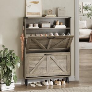 vabches shoe storage cabinet with 2 flip drawers,shoe cabinet with open storage,entryway shoe storage with barn door design,slim shoe organizer cabinet for entrance/hallway,grey