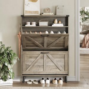 Vabches Shoe Storage Cabinet with 2 Flip Drawers,Shoe Cabinet with Open Storage,Entryway Shoe Storage with Barn Door Design,Slim Shoe Organizer Cabinet for Entrance/Hallway,Grey