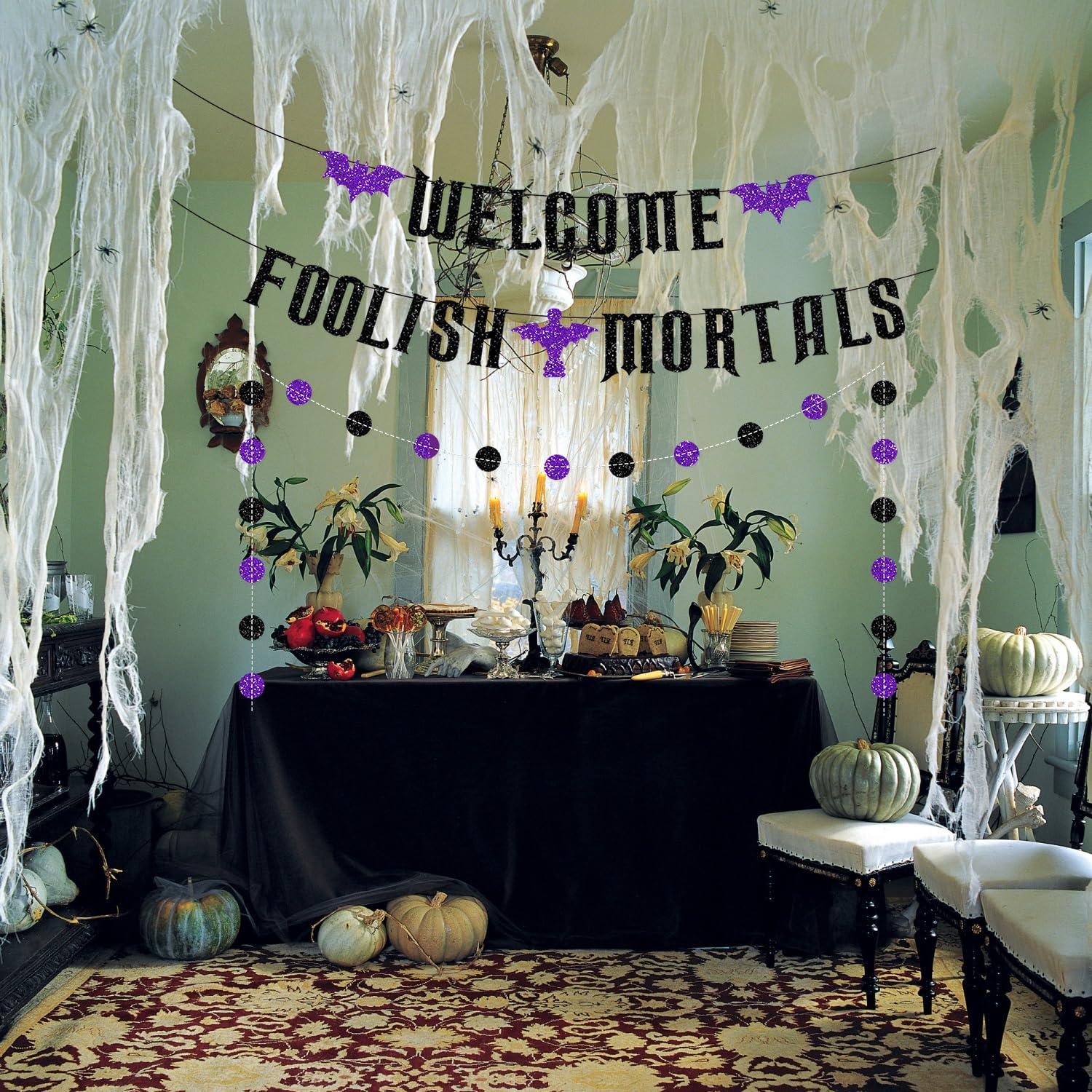 Welcome Foolish Mortals Halloween Banner for Halloween Haunted Mansion Decorations, Welcome Foolish Mortals Doormat Sign, Halloween Haunted Mansion Banner with Bat for Halloween Mantel Fireplace