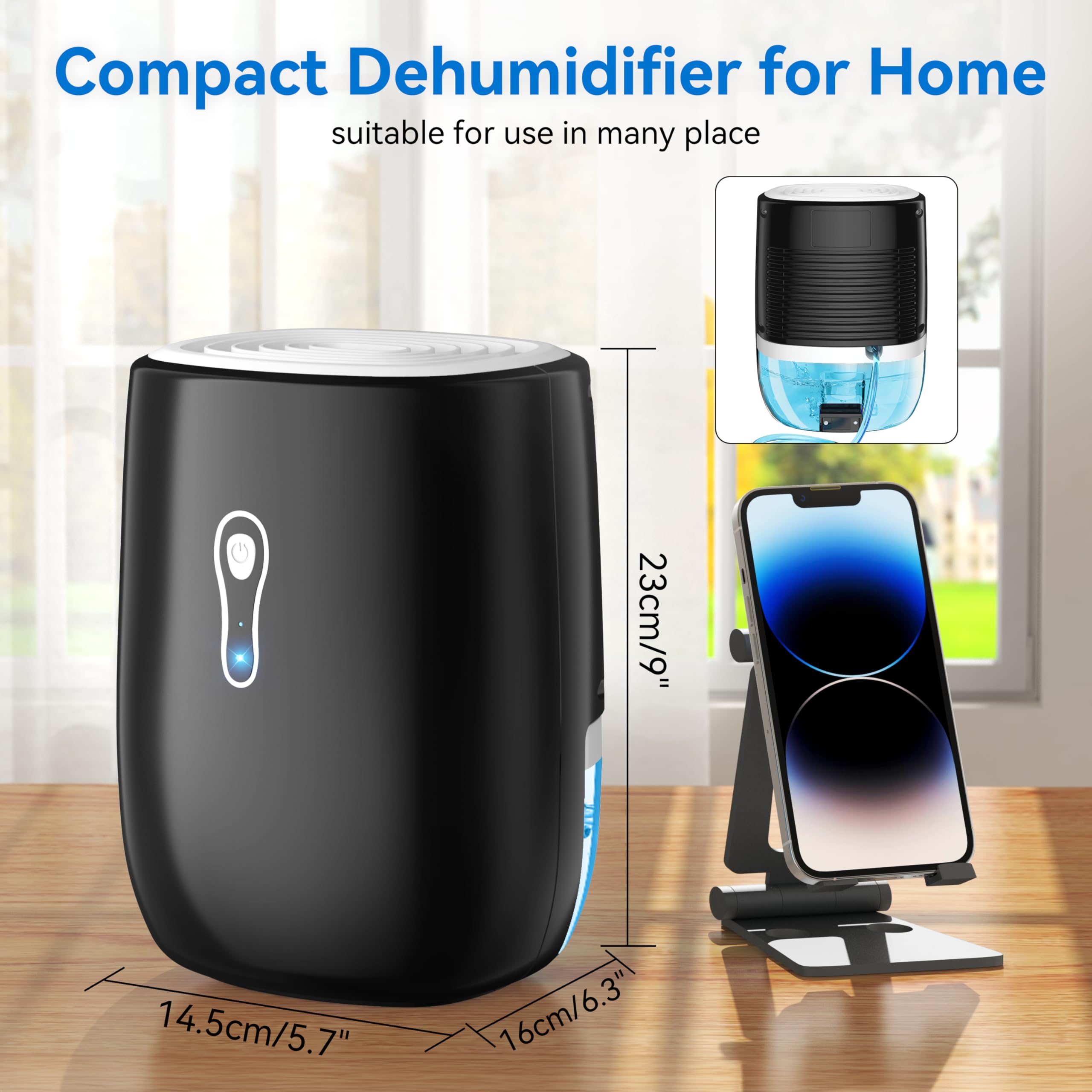 CiiVii Dehumidifier for Home, 27oz/800ml Dehumidifier with Drain Hose for Bathroom,Bedroom, Quiet Small Dehumdifier for Countertop,Kitchen,Closet,RV,Auto Shut-off Home Dehumidifier for Room (Black)