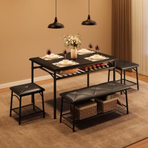 gaomon dining table with benches, kitchen table set for 4, dining room table set with upholstered bench and square stools, metal and wood dining table set for 4 with storage for small space-black