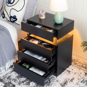 Bingoday Night Stand with 4 Drawers Large LED Nightstand Black Night Stand for Bedroom Modern Bedside Tables for Bedroom, Living Room (Black)