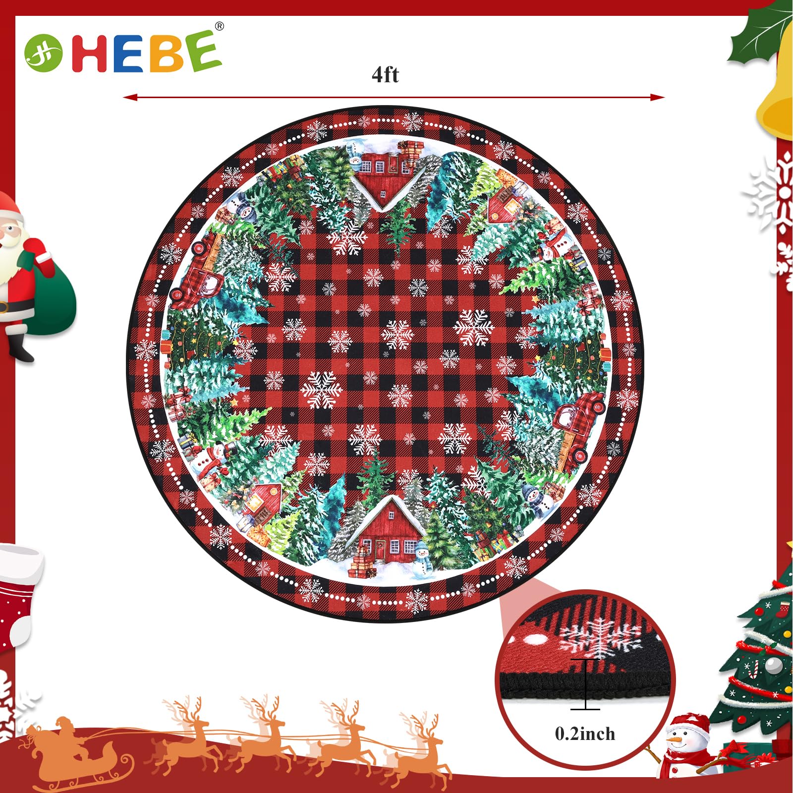 HEBE 4Ft Round Christmas Area Rug Non Slip Farmhouse Round Rug for Living Room Washable Soft Circle Rugs for Bedroom Christmas Round Floor Carpet for Dining Room Xmas Holiday Decor