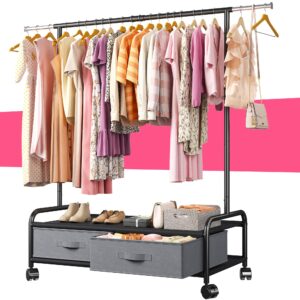 raybee clothes rack, heavy duty clothing rack, rolling clothes racks for hanging clothes, portable clothes rack with wheels, garment rack, 65.2" h x 58.7" w x 16.7" d, black