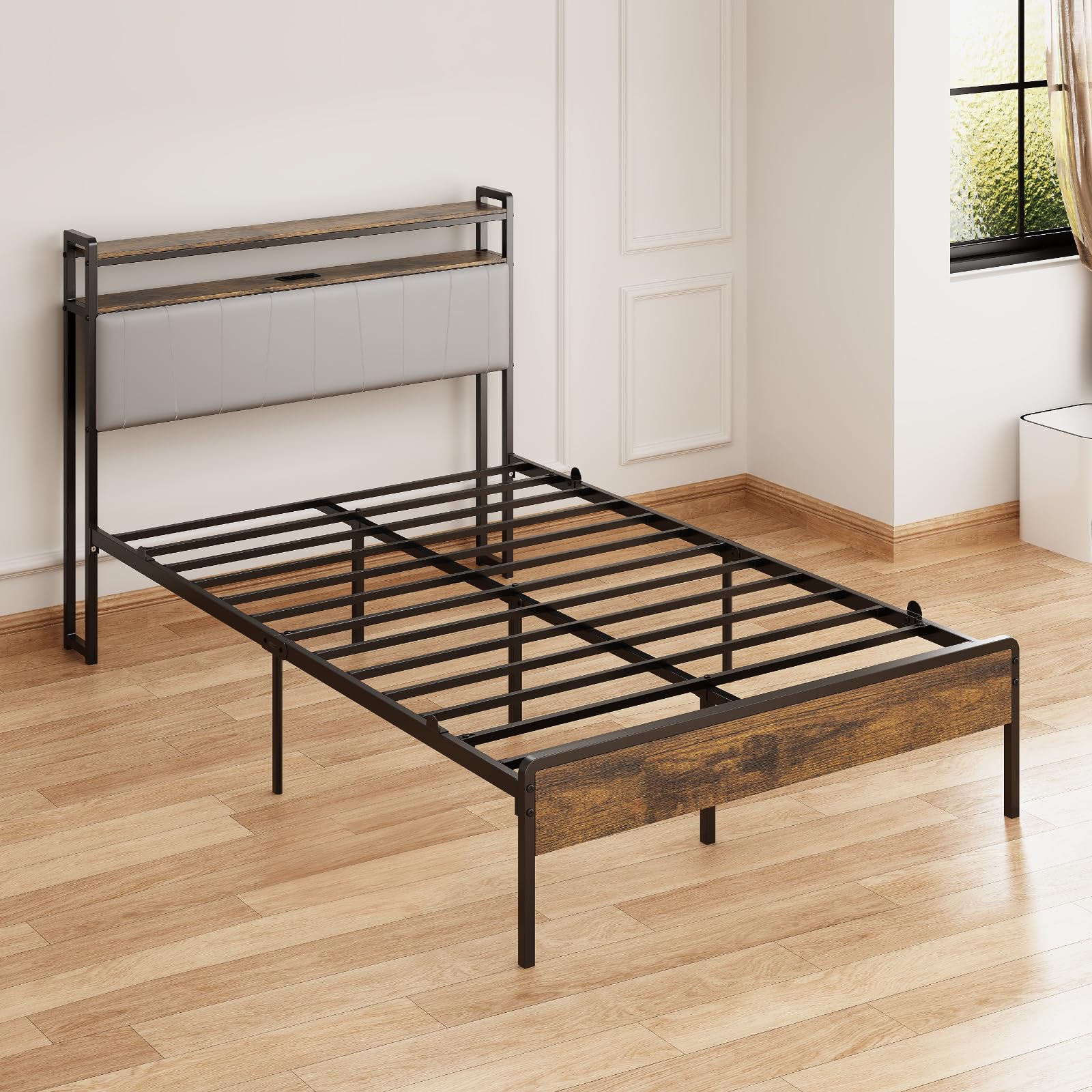 Redlife Full Size Bed Frame with 2-Tier Storage Headboard, Metal Platform Bed Frame with Charging Station & Upholstered, Noise-Free, No Box Spring Needed, Easy Assembly, Rustic Brown