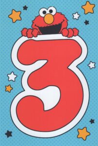 happy birthday greeting card for third birthday (age 3 - 3rd) featuring elmo and fun star design - elmo thinks you're super nice and fun to be with, too! elmo loves you lots and lots and brings this wish to you!