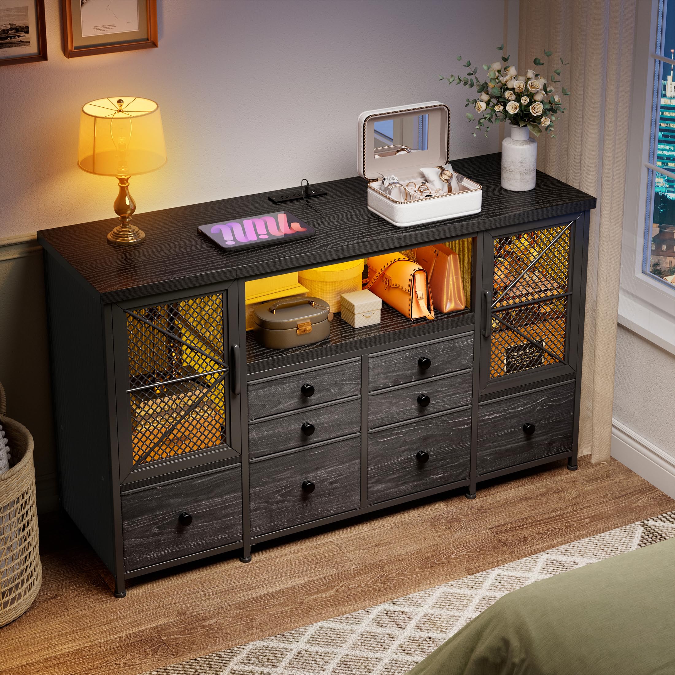 EnHomee Dresser for Bedroom with Power Outlets & LED Lights,Black Dresser for Bedroom with 8 Drawers& 2 Large Cabinet,Mesh Metal Door,60'' TV Stand Bedroom Dresser, Long Dressers & Chest of Drawers ﻿