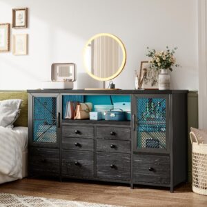 enhomee dresser for bedroom with power outlets & led lights,black dresser for bedroom with 8 drawers& 2 large cabinet,mesh metal door,60'' tv stand bedroom dresser, long dressers & chest of drawers ﻿