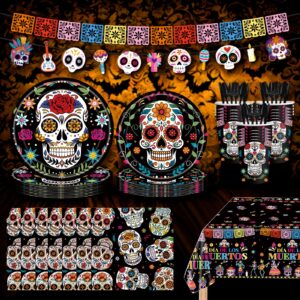 130 pcs skull party supplies with skeleton paper plates,cake platesnapkins, cups and cutlery for skull birthday party decorations, disposable dinnerware set (serves 10)