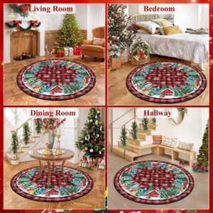 HEBE 4Ft Round Christmas Area Rug Non Slip Farmhouse Round Rug for Living Room Washable Soft Circle Rugs for Bedroom Christmas Round Floor Carpet for Dining Room Xmas Holiday Decor