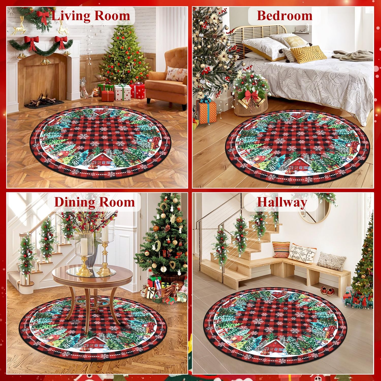 HEBE 4Ft Round Christmas Area Rug Non Slip Farmhouse Round Rug for Living Room Washable Soft Circle Rugs for Bedroom Christmas Round Floor Carpet for Dining Room Xmas Holiday Decor