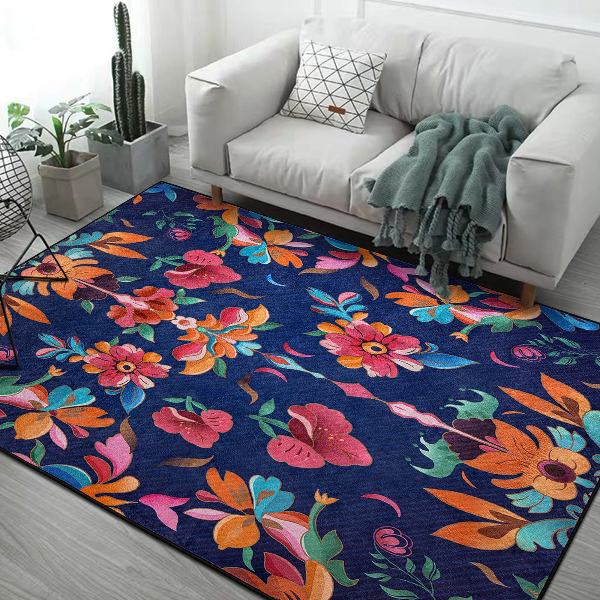 Isyorefam 3x5 Washable Bedroom Faux Wool Rug Boho Floral Area Carpet for Bedroom, Bedside, Kitchen, Entryway, Kids' Room, Office, and College Dorm Essentials for Girls Non-Slip Low Pile