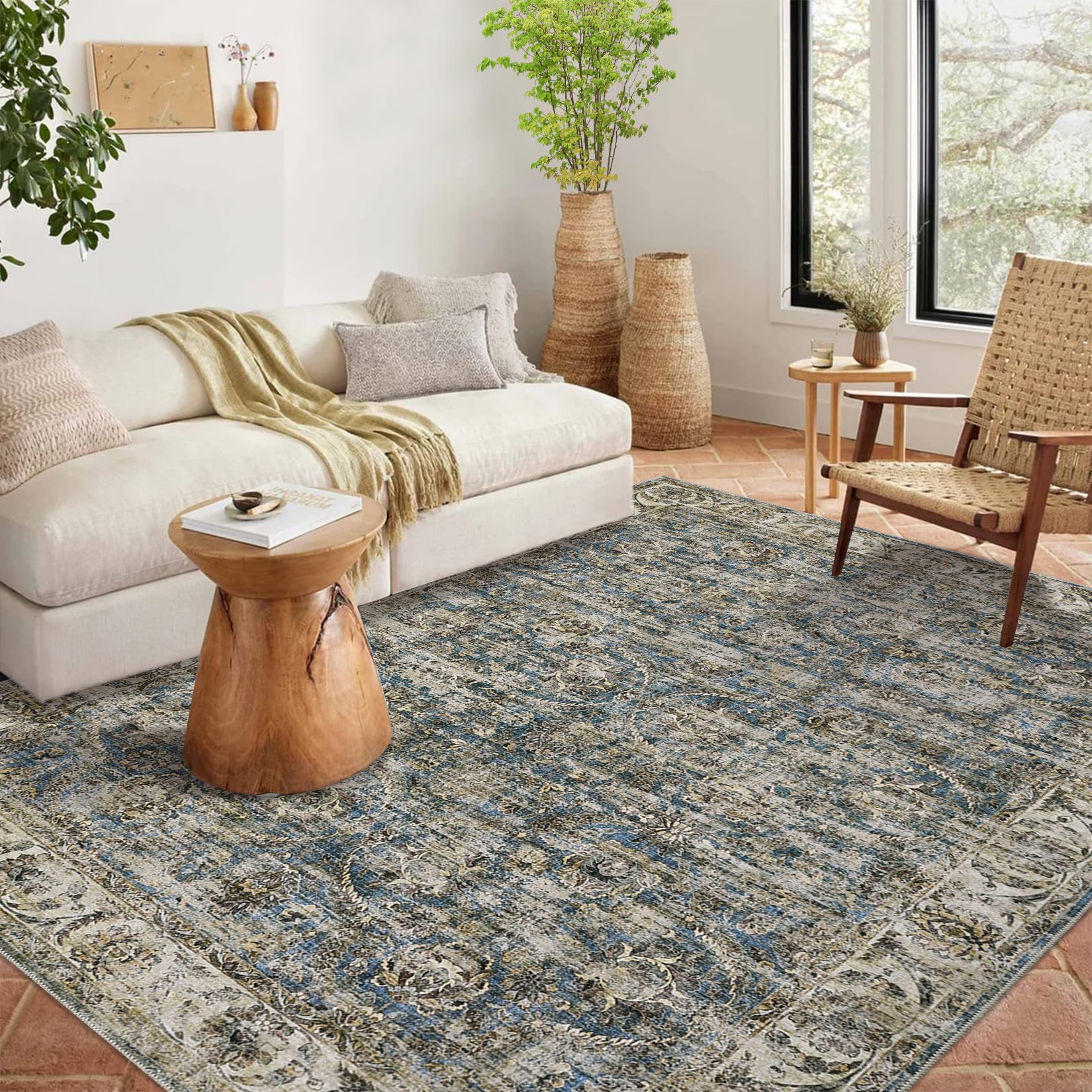 GarveeHome Washable Area Rugs 4x6 Rug Vintage Area Rug for Bedroom Non Slip Entryway Rug Chenille Living Room Rugs Distressed Non Shedding Stain Resistant Carpet for Nursery Office Blue 4'x6'