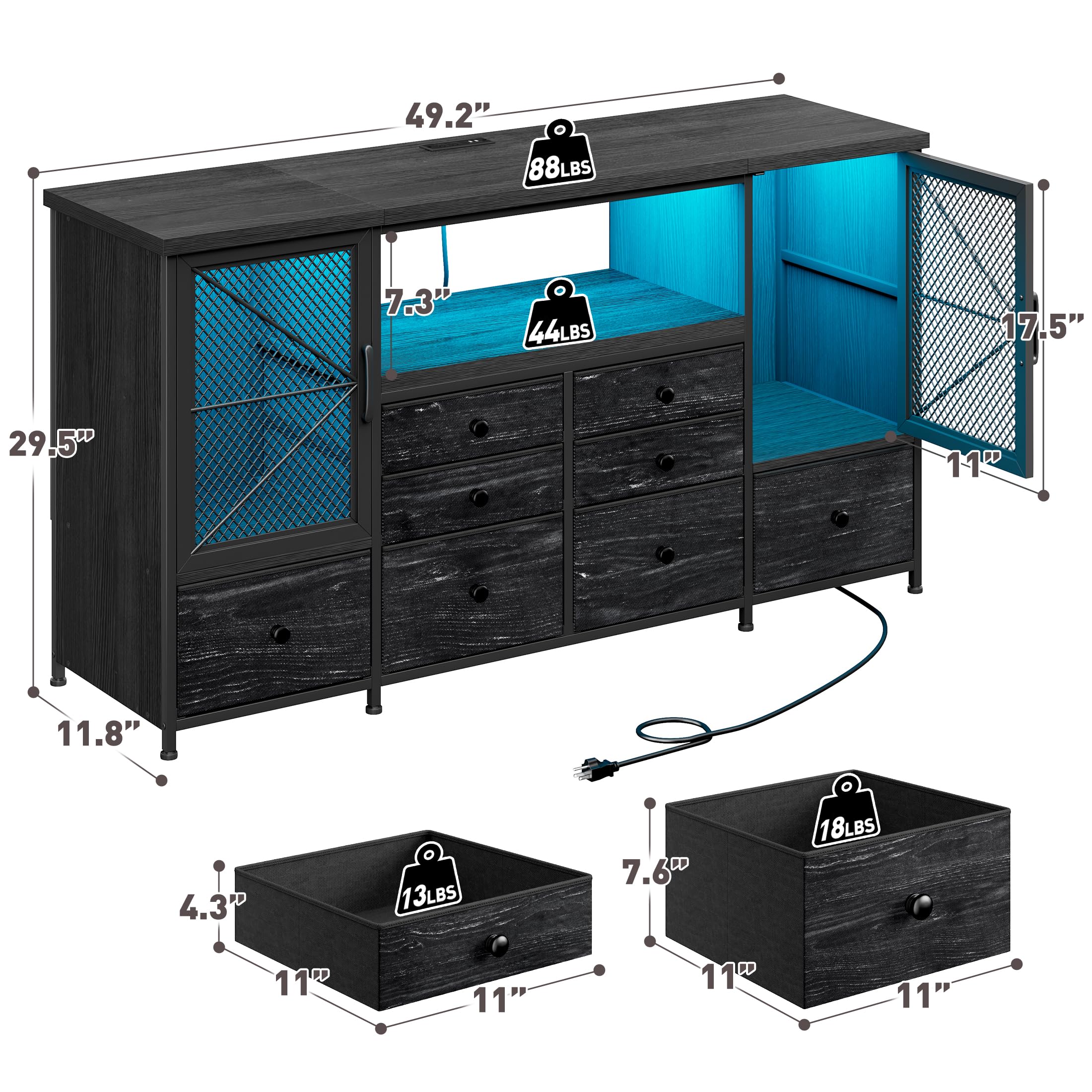 EnHomee Dresser for Bedroom with Power Outlets & LED Lights,Black Dresser for Bedroom with 8 Drawers& 2 Large Cabinet,Mesh Metal Door,60'' TV Stand Bedroom Dresser, Long Dressers & Chest of Drawers ﻿