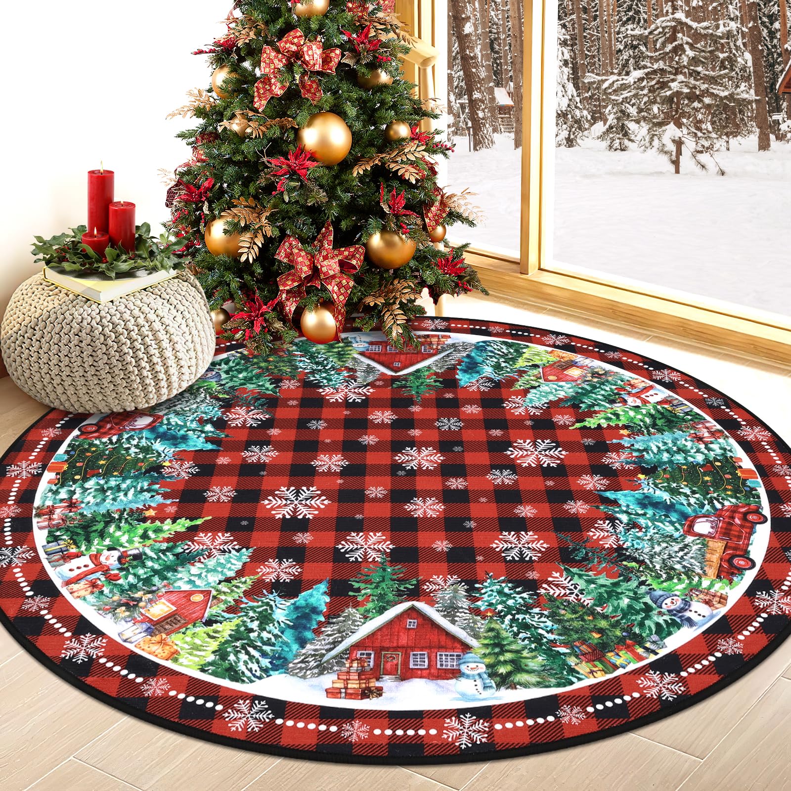 HEBE 4Ft Round Christmas Area Rug Non Slip Farmhouse Round Rug for Living Room Washable Soft Circle Rugs for Bedroom Christmas Round Floor Carpet for Dining Room Xmas Holiday Decor