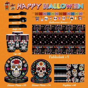 130 PCS Skull Party Supplies with Skeleton Paper Plates,Cake PlatesNapkins, Cups and Cutlery for Skull Birthday Party Decorations, Disposable Dinnerware Set (Serves 10)