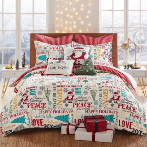 levtex home - santa claus lane duvet cover set - king duvet cover (106x94in.) + two king pillow cases (36x20in.) - christmas script - red, teal and green - polyester