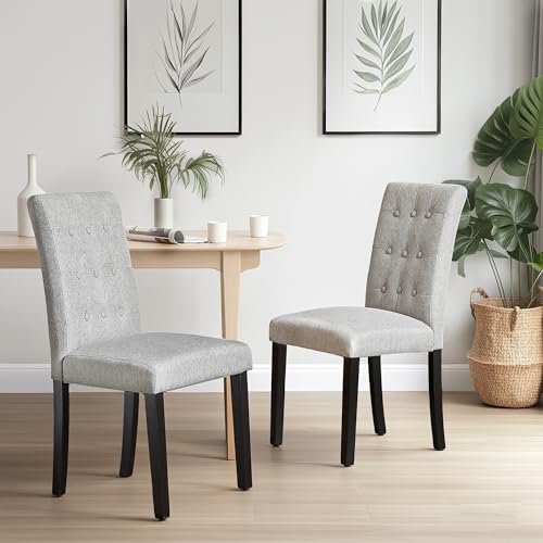 VECELO Upholstered Dining Chairs Set of 4, Button Tufted Back, Padded Seat, Wood Legs with Rubber Footpads, Accent Parsons for Living Room/Kitchen, Light Grey