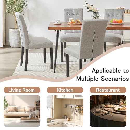 VECELO Upholstered Dining Chairs Set of 4, Button Tufted Back, Padded Seat, Wood Legs with Rubber Footpads, Accent Parsons for Living Room/Kitchen, Light Grey