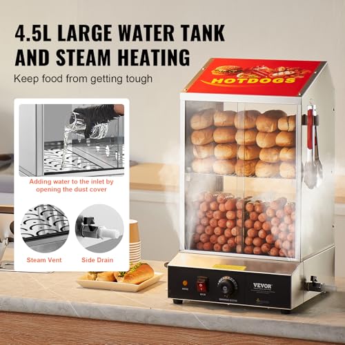 VEVOR Hot Dog Steamer, 39QT, 2-Tier Hot Dog Hut Steamer, 86℉~185℉ Temperature Control, Electric Bun Warmer with Tempered Glass Slide Doors Partition Plate Tong, Stainless Steel, for Hot Dogs & Buns