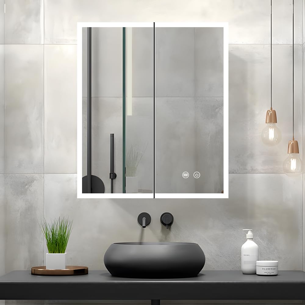 Janboe LED Medicine Cabinet with Light,24×28inch,Recess Mirror Cabinet for Bathroom,3 Color,Dimmable,Demister,Detachable Side Plate,Recess Mount or Surface Mount