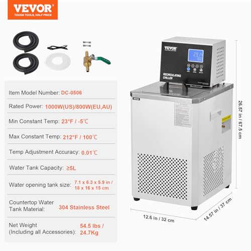 VEVOR Laboratory Chiller Circulator, -5℃ ~100℃ Circulator Pump Chiller, 6L Chiller Lab Low Temperature Cooling Liquid, LCD Display, 304 Stainless Steel Water Bath Recirculating Water Cooling Chiller