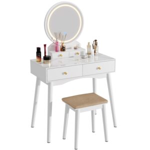 jummico makeup vanity desk with round mirror and lights, vanity table makeup desk 4 storage drawers 3 adjustable colors led lights matched soft cushioned stool for girls bedroom (white) …