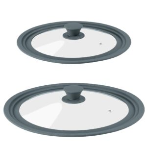 universal lid for pots, pans, and skillets - 2 pack silicone replacement pan lid fits 7", 8" 9" & 10", 11", 12" cookware - tempered glass pot lid cover for frying pans, cast iron, crockpot