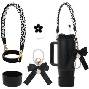 belsita stanley cup accessories set, bow pearl chain braided design water bottle handle strap, silicone stanley cup boot, stanley charms for stanley cup 30/40oz tumble (black)