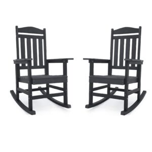 outdoor rocking chair set of 2, weather resistant porch rockers for adult, high back oversize rocking chair for outdoor/indoor, dark black, 330lbs