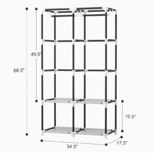 VTRIN Portable Closet Wardrobe Closet for Hanging Clothes with 4 Storage Shelves, 2 Hanging Rods and 6 Pockets, Stable and Easy Assembly Clothes Rack with Cover Free Standing Closet for Bedroom, Black