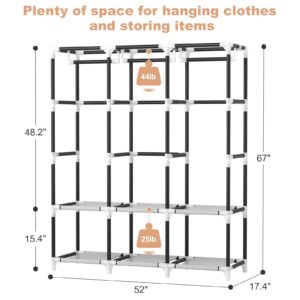 VTRIN Portable Closet, Wardrobe Closet for Hanging Clothes Closet with Cover, 3 Hanging rods, 6 Storage Shelves and Side Pockets, Diameter 19mm Metal Pipe, Free Standing Closet for Bedroom