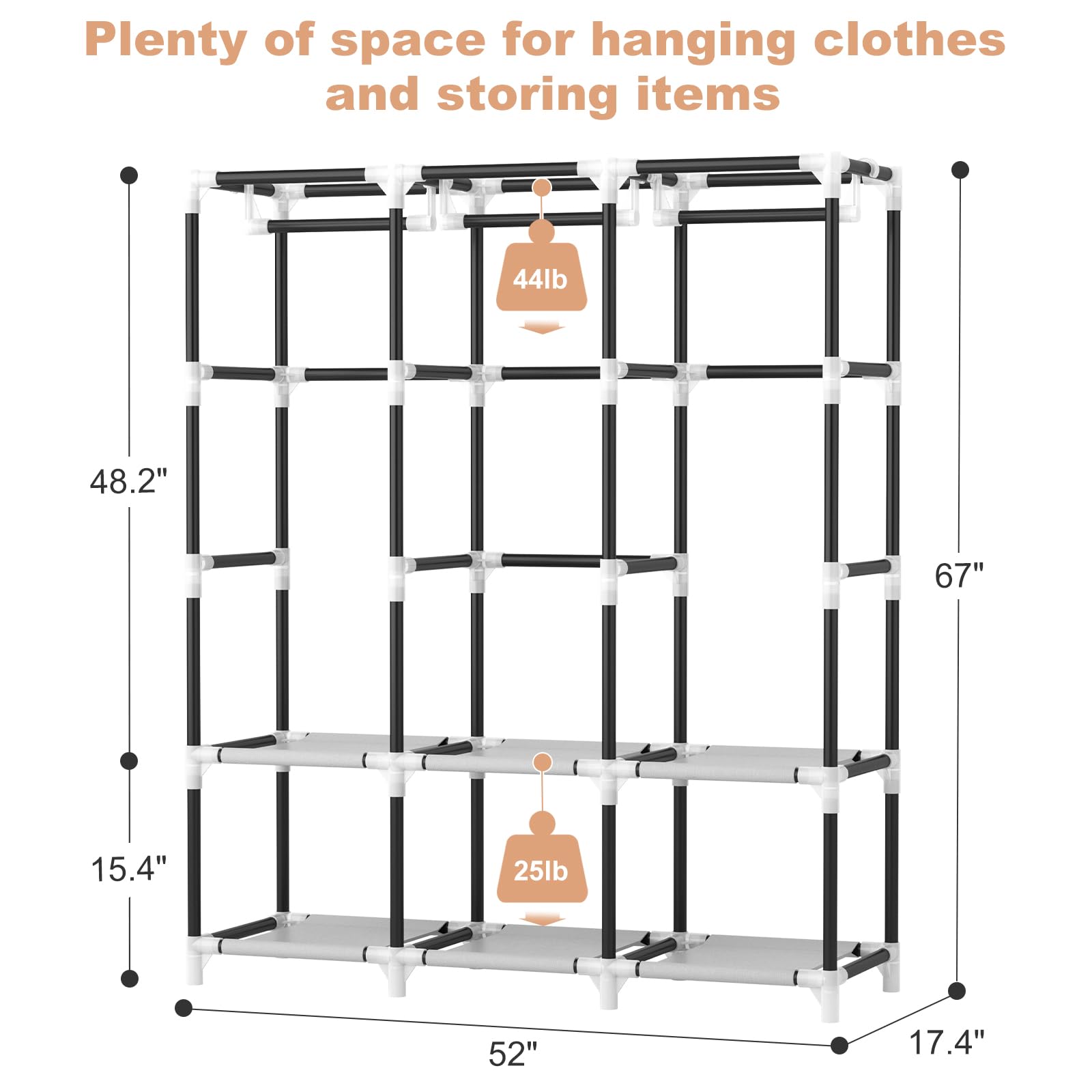 VTRIN Portable Closet, Wardrobe Closet for Hanging Clothes Closet with Cover, 3 Hanging rods, 6 Storage Shelves and Side Pockets, Diameter 19mm Metal Pipe, Free Standing Closet for Bedroom